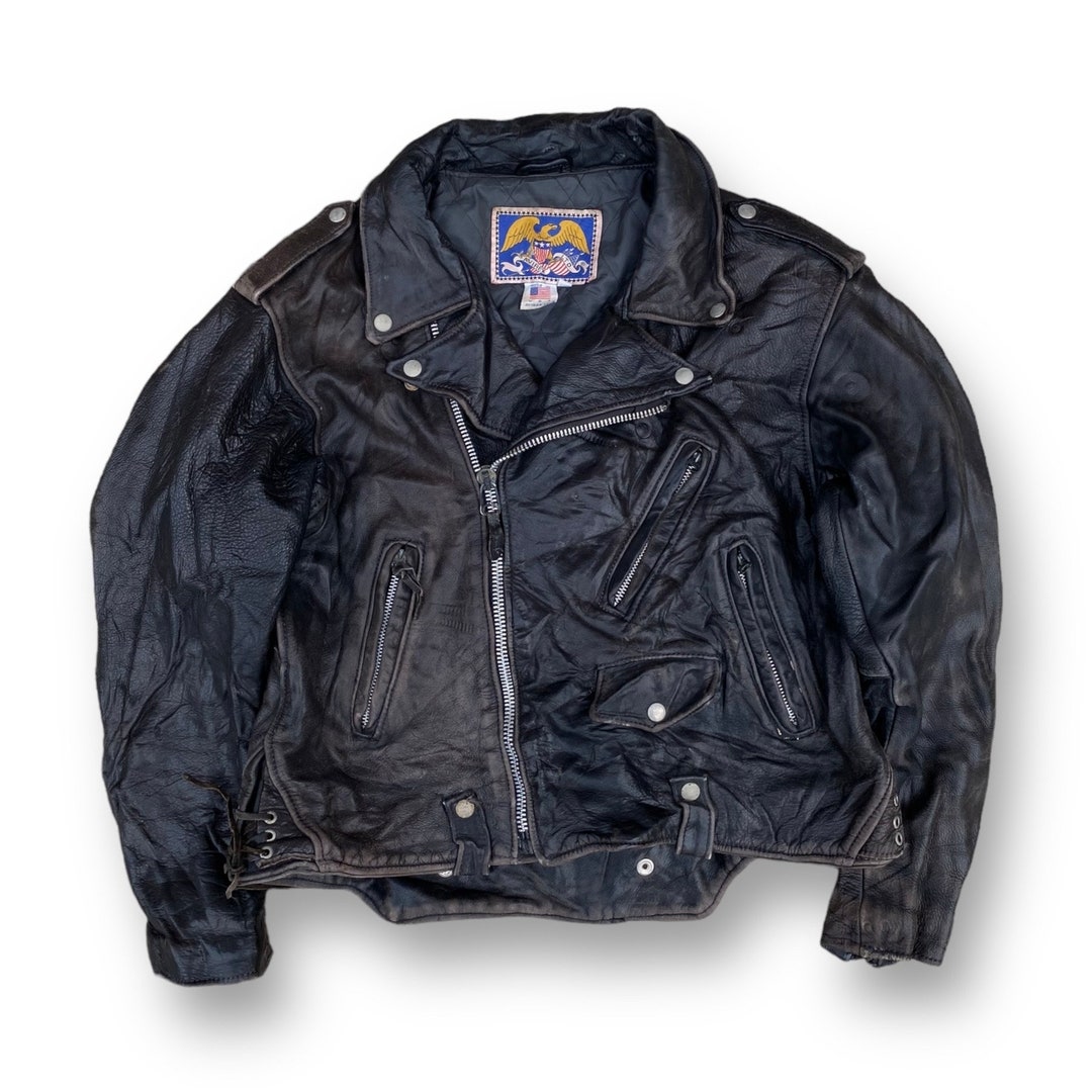Vintage 70s Avirex Biker Double Collar Jacket Large Punk Brutal Leather ...
