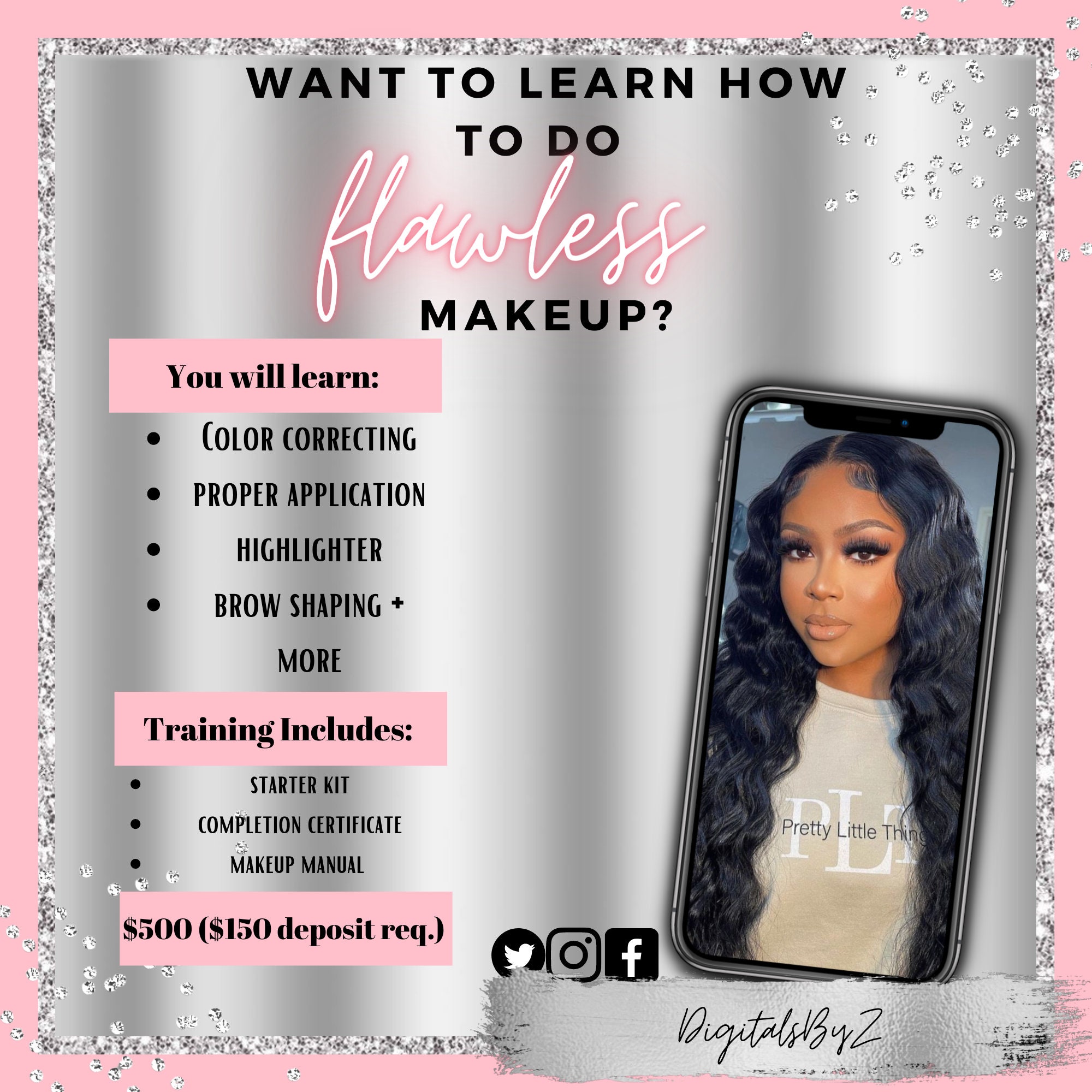 DIY Digital Makeup Course Flyer, Editable Template, Pink, Business ...