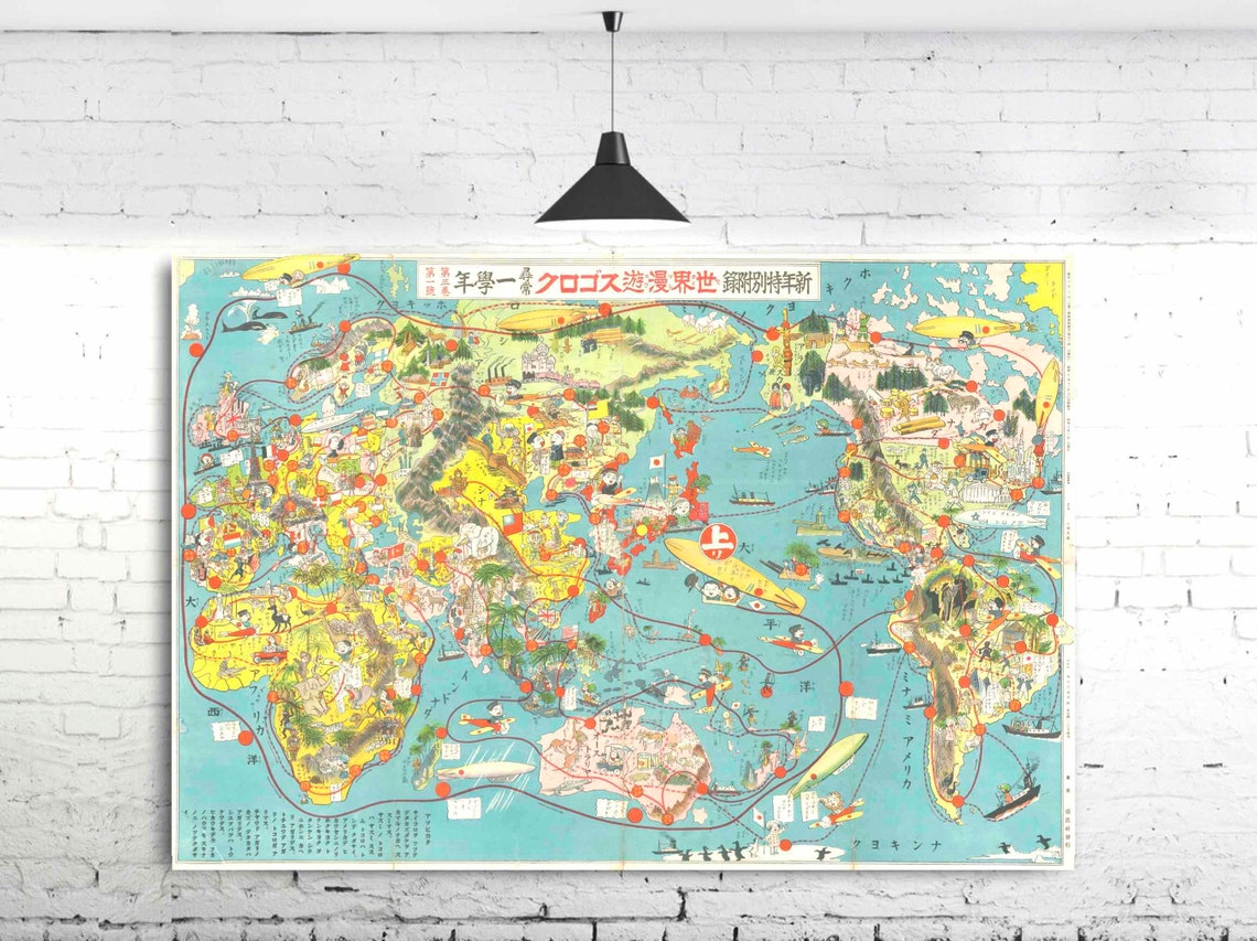 World Map, Pictorial Map, Japanese Illustration, Vintage World Map ...