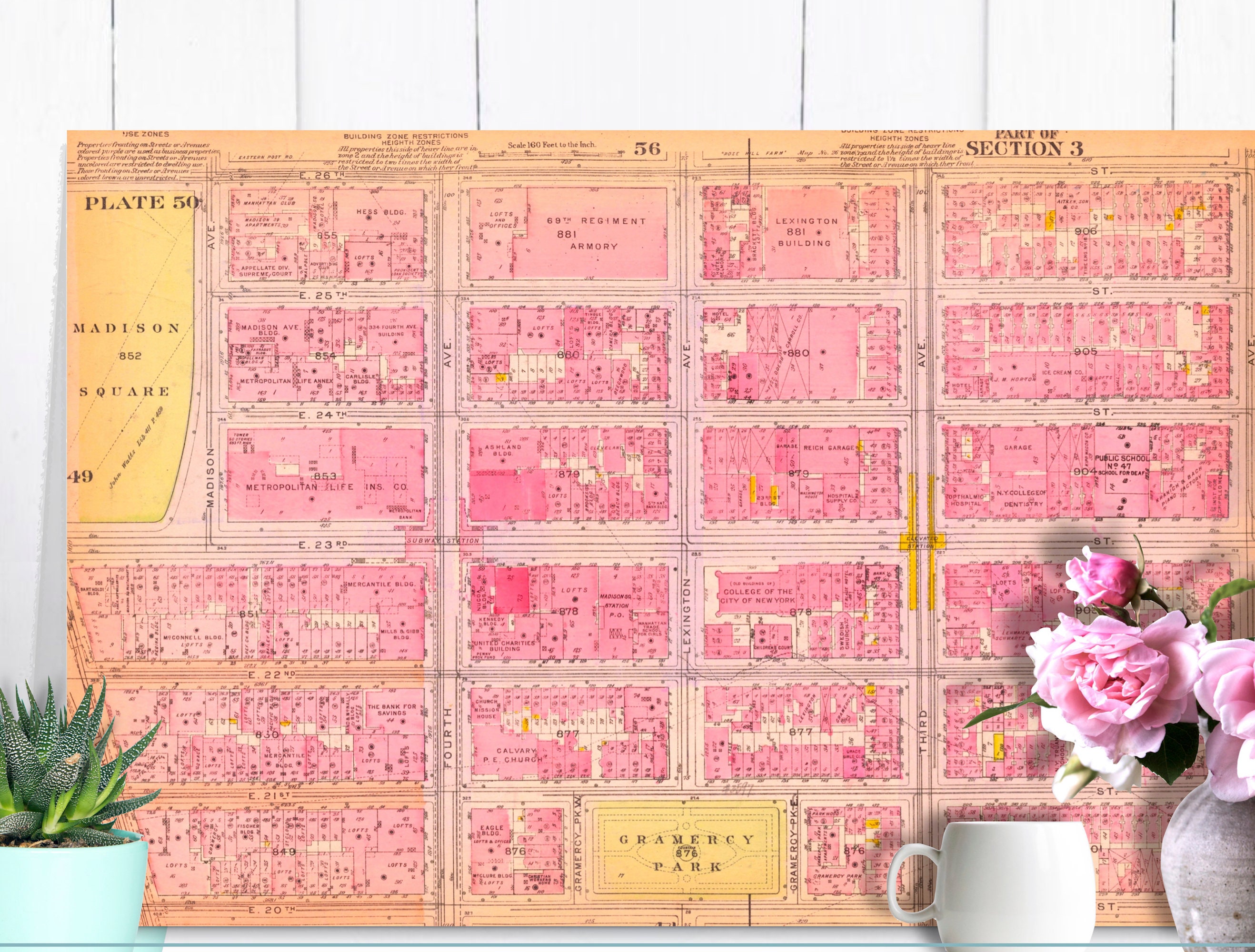 Manhattan New York Pink Map Madison Square Gramercy Park - Etsy