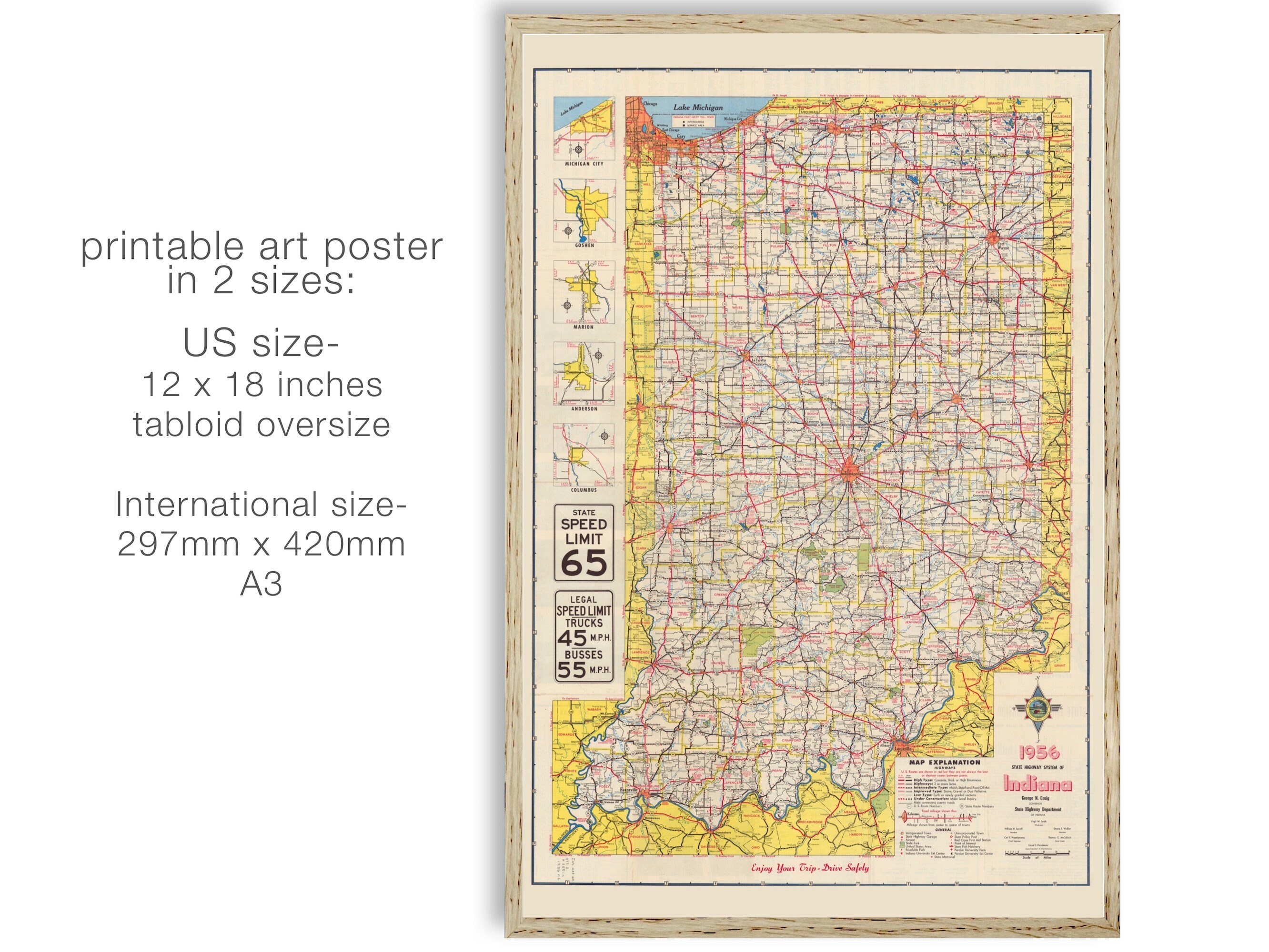 A Mid Century Indiana Wall Map Poster, Digital Print 12 X 18 Inches. - Etsy