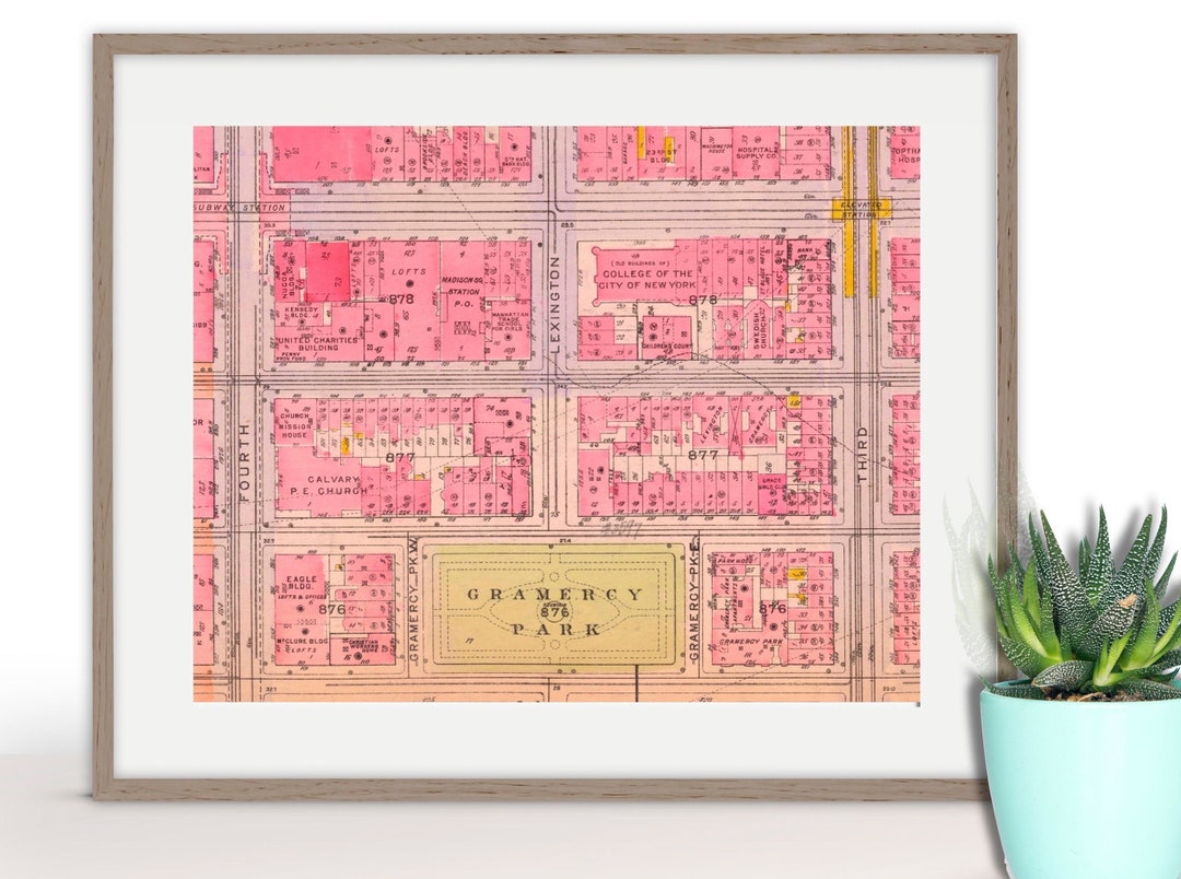 Vintage Pink Manhattan Map Print: Gramercy Park, Lexington Ave (digital ...