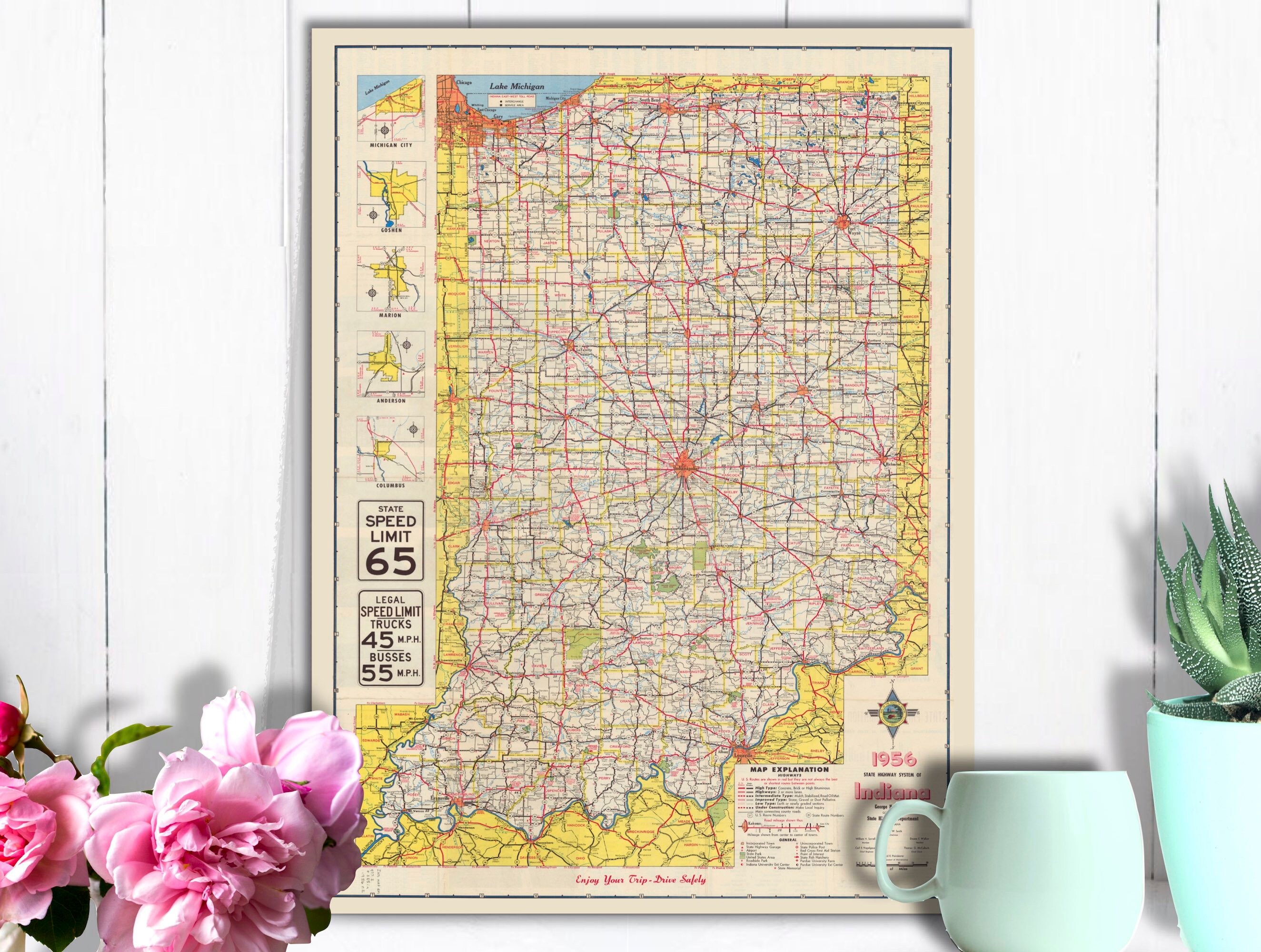 Indiana Map, Vintage Indianapolis, Retro Wall Art, Mid Century Wall Map ...