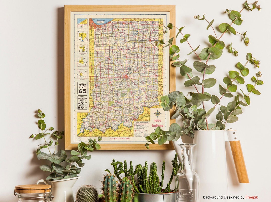 Indiana Map, Vintage Indianapolis, Retro Wall Art, Mid Century Wall Map ...