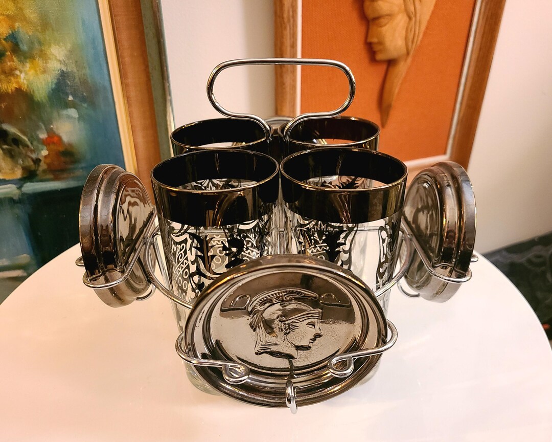 Vintage KIMIKO Barware Set | Silver Highball Tumblers and Caddy With ...
