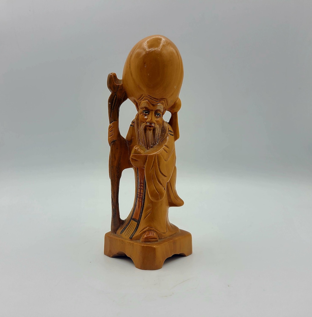 Vintage Handcrafted Wooden Figurine | God of Longevity Shou Lao | Hand ...