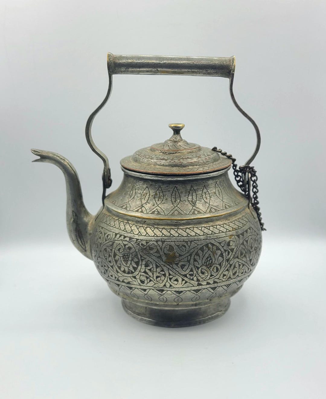 Antique Tin Coated Copper Kettle With Arched Metal Handle Featuring ...