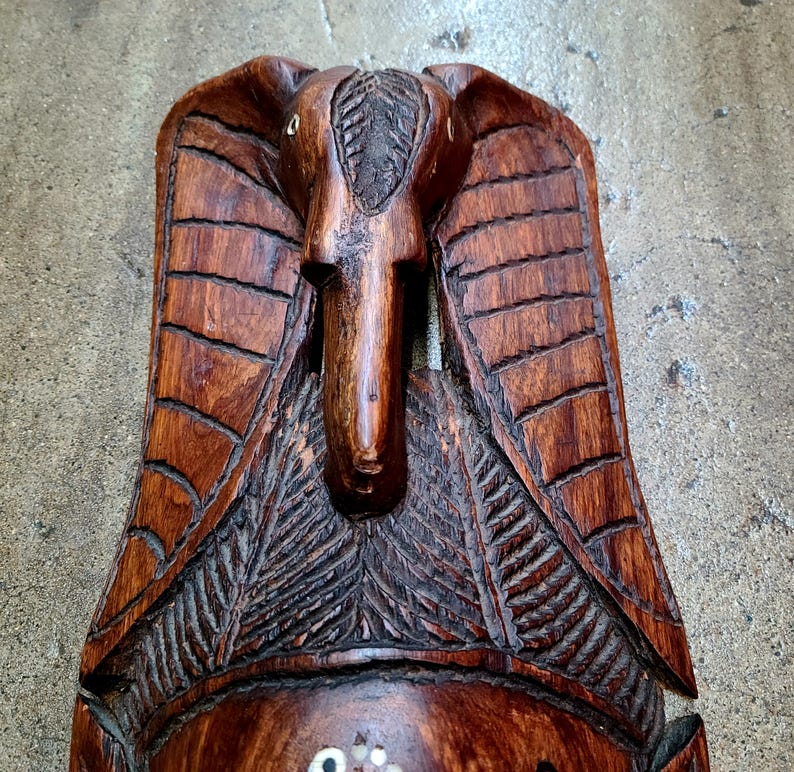 Vintage Senegalese Hand Carved Wood Mask With Bone Inlay and Elephant ...