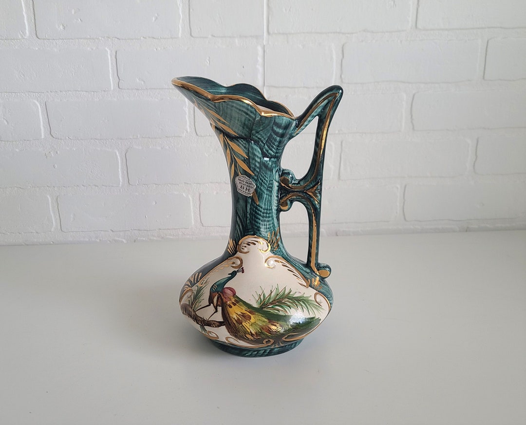 H. Bequet Quaregnon Belgium Ceramic Pitcher ~ Hand Painted Peacock Ewer ...