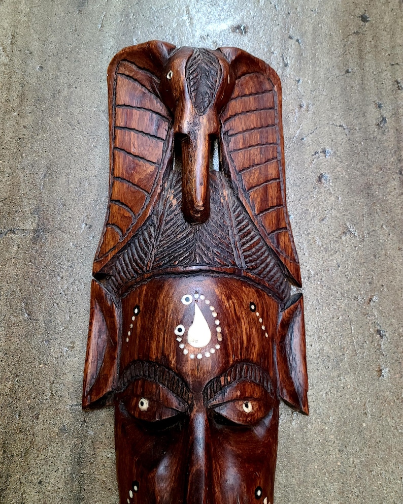 Vintage Senegalese Hand Carved Wood Mask With Bone Inlay and Elephant ...