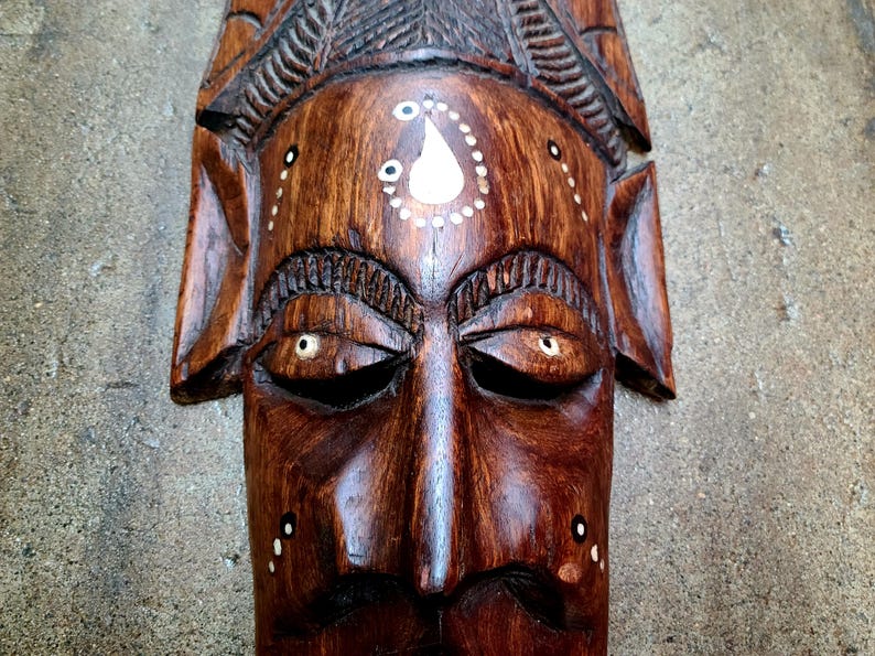 Vintage Senegalese Hand Carved Wood Mask With Bone Inlay and Elephant ...