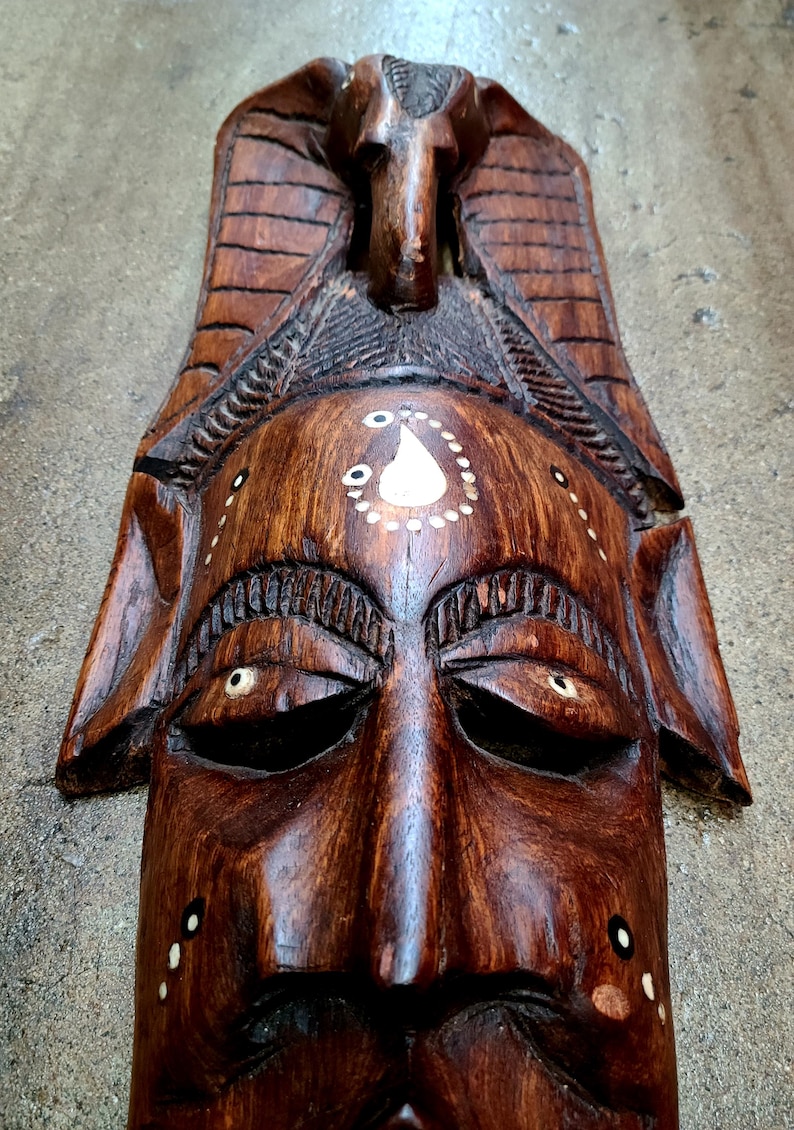 Vintage Senegalese Hand Carved Wood Mask With Bone Inlay and Elephant ...