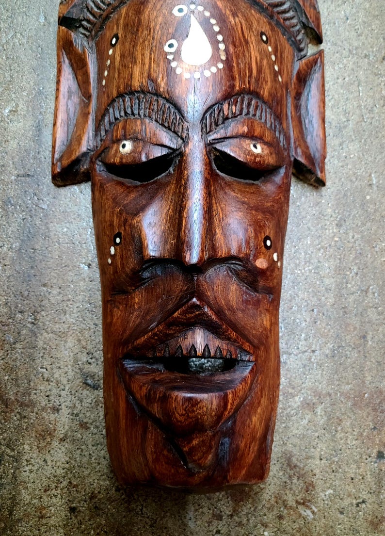 Vintage Senegalese Hand Carved Wood Mask With Bone Inlay and Elephant ...