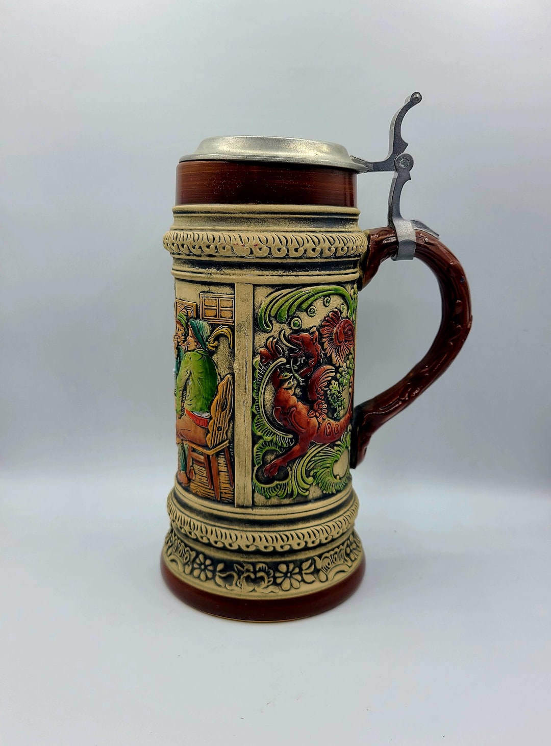 Vintage 1970s GERZ Ceramic Stein With Lid Large Hand Painted Raised ...