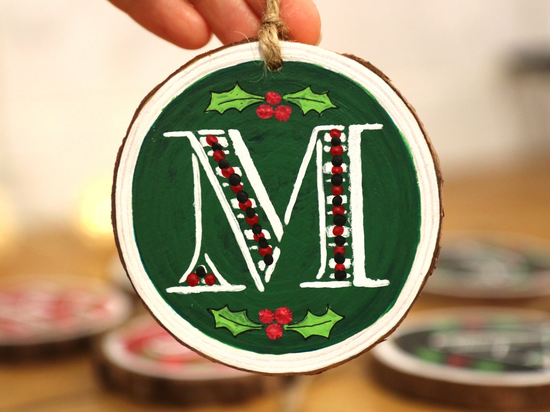 Hand Painted Letter Christmas Ornament, Initial Ornament, Wood Slice ...