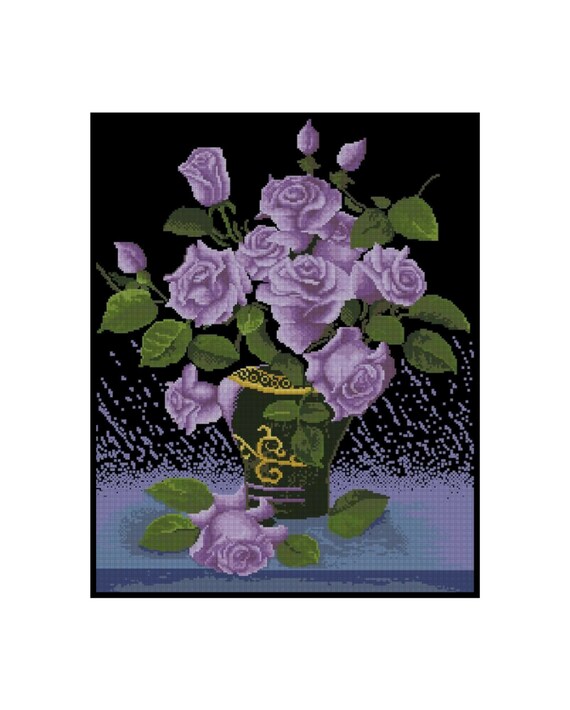 Purple Lilac Rose Flowers Plants Vase Embroidery Counted CROSS - Etsy