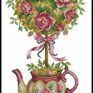 Topiary Pink Rose Flowers Pot Plants Embroidery Counted Cross Stitch ...