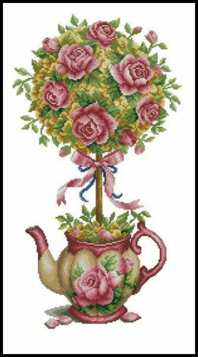 Topiary Pink Rose Flowers Pot Plants Embroidery Counted Cross Stitch ...