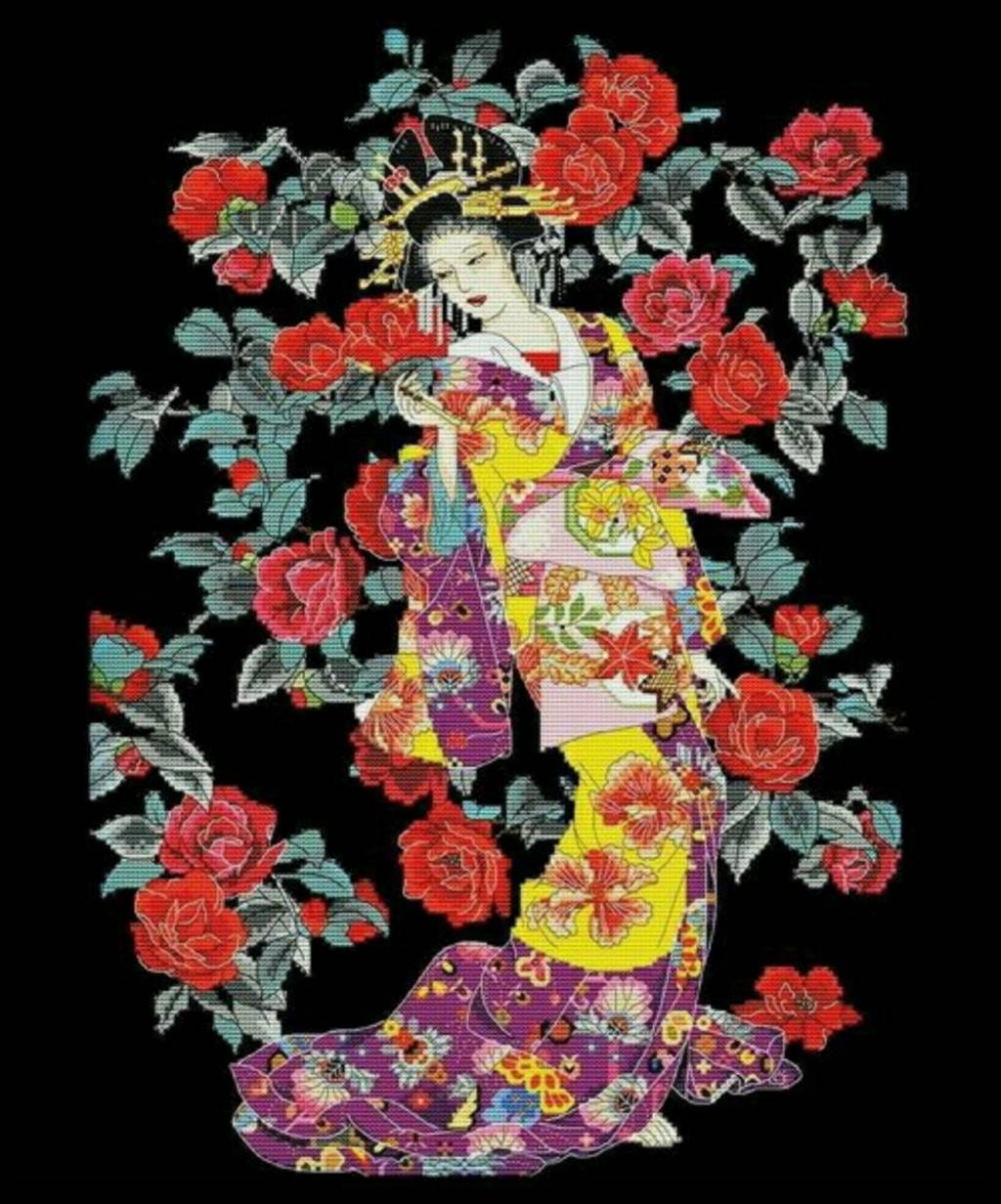 Traditional Kimono Japanese Geisha Maiden Woman Tsubaki Flowers ...