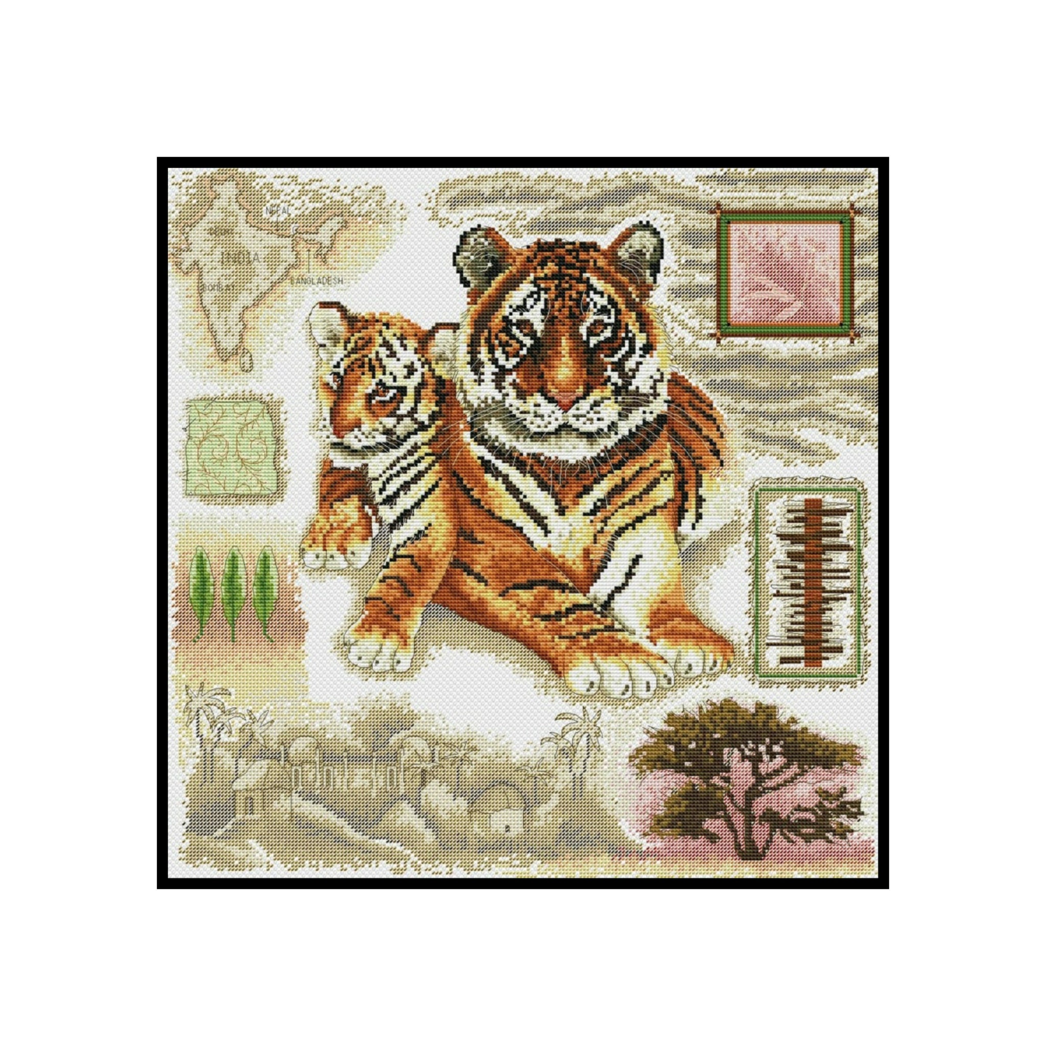 Tiger Wildlife Sampler Map Forest Embroidery Counted Cross Stitch ...