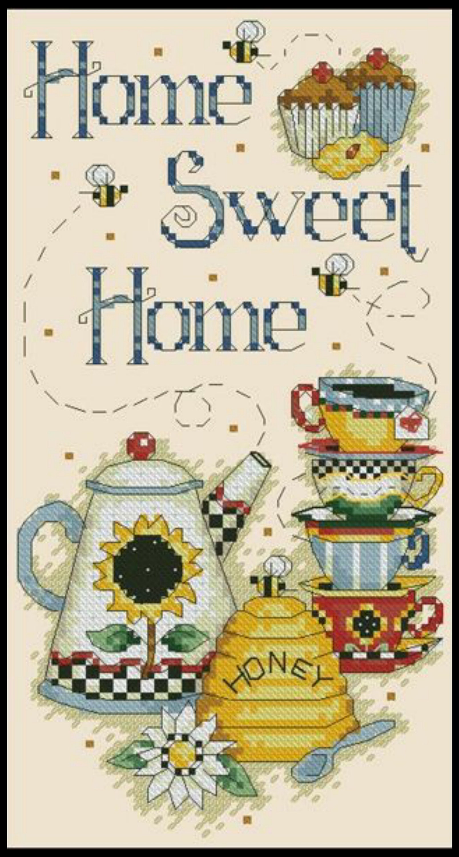 Home Sweet Home Honey Tea Set Cups Kettle Counted Cross Stitch Instant ...