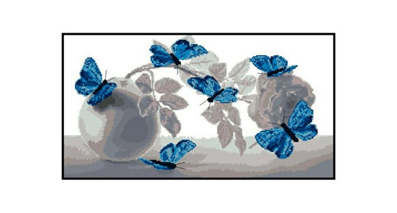 Blue Butterfly Rose Flowers Plants Insects Counted Cross - Etsy