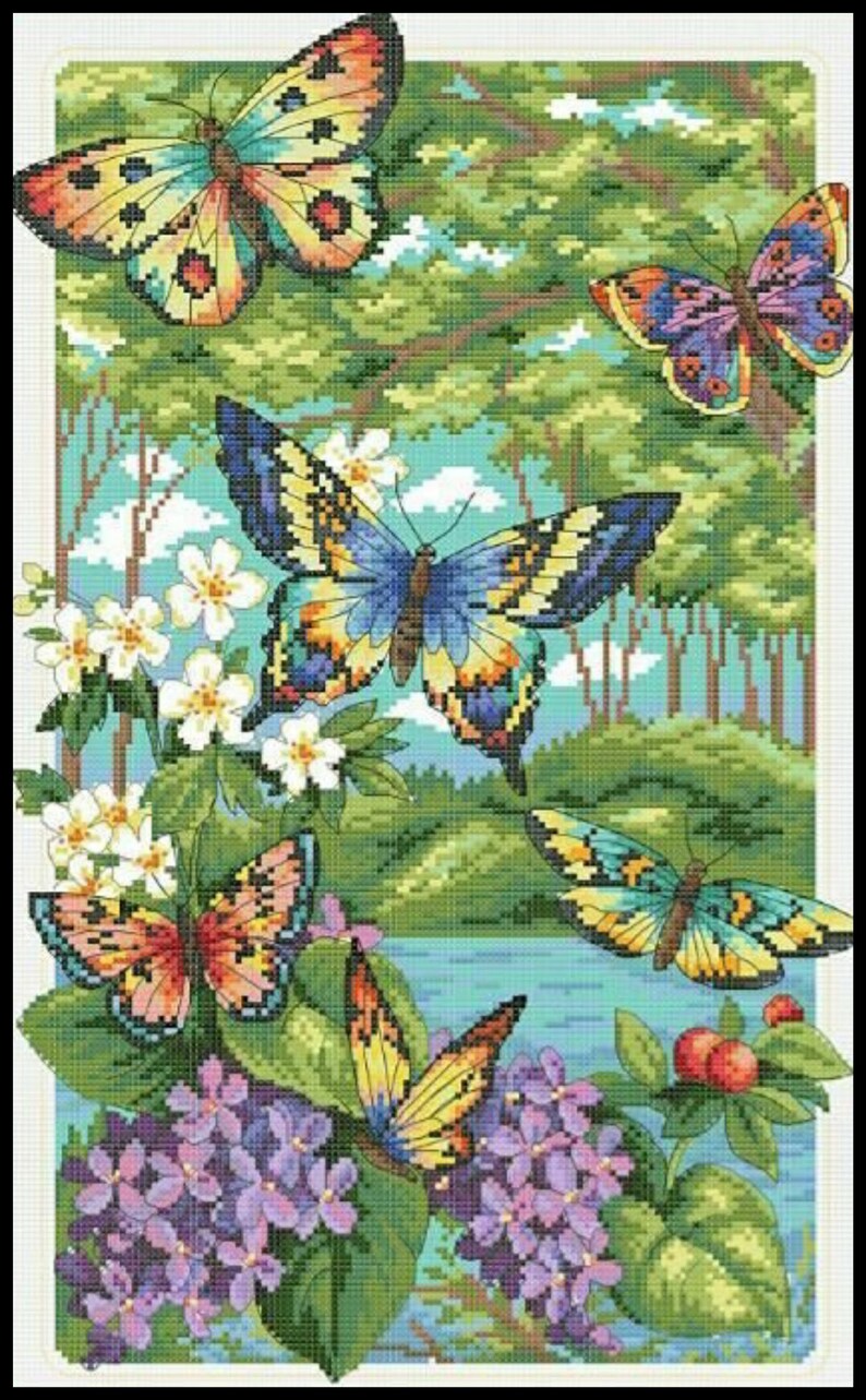Butterfly Forest Insects Flowers Plants Nature Embroidery Counted Cross ...