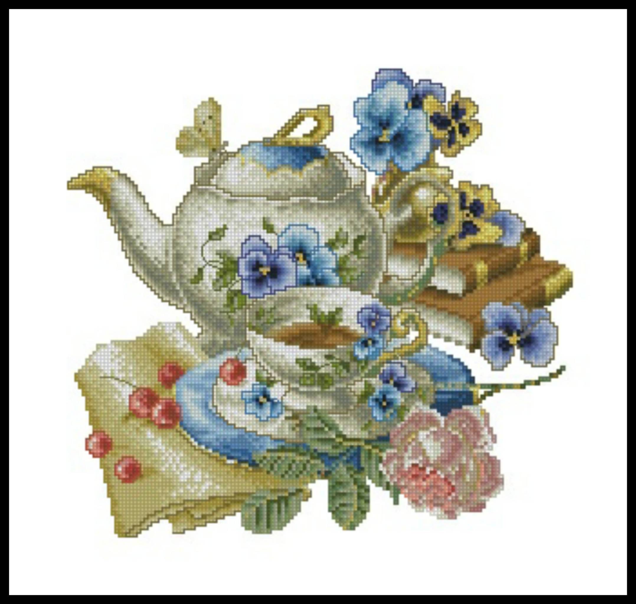 Floral Tea Cups Cross Stitch Pattern: Kitchen Kettle Embroidery (PDF ...