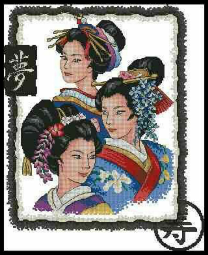 Oriental Japanese Three Geisha Maiko Embroidery Counted Cross Stitch ...