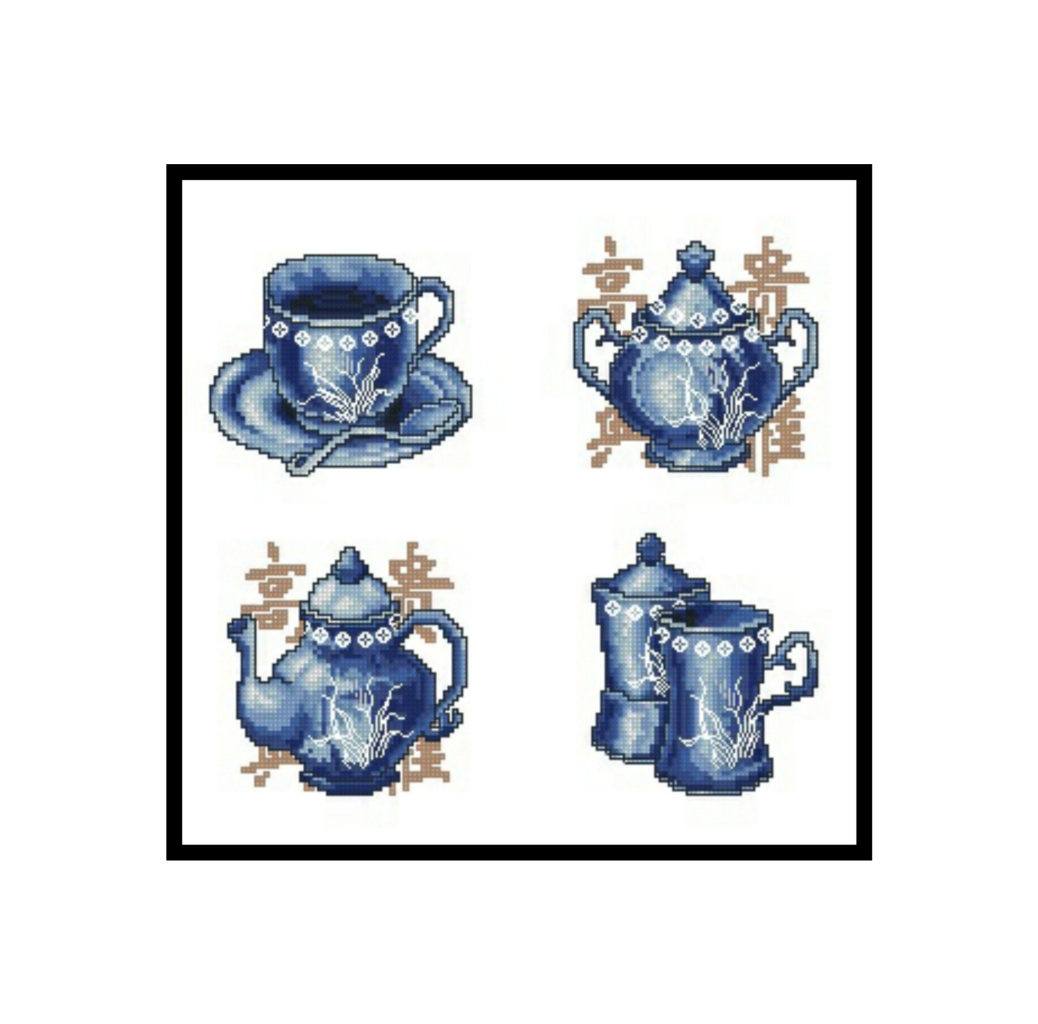 Blue Tea Cup Kettle Sampler Kitchen Embroidery Counted Cross Stitch ...