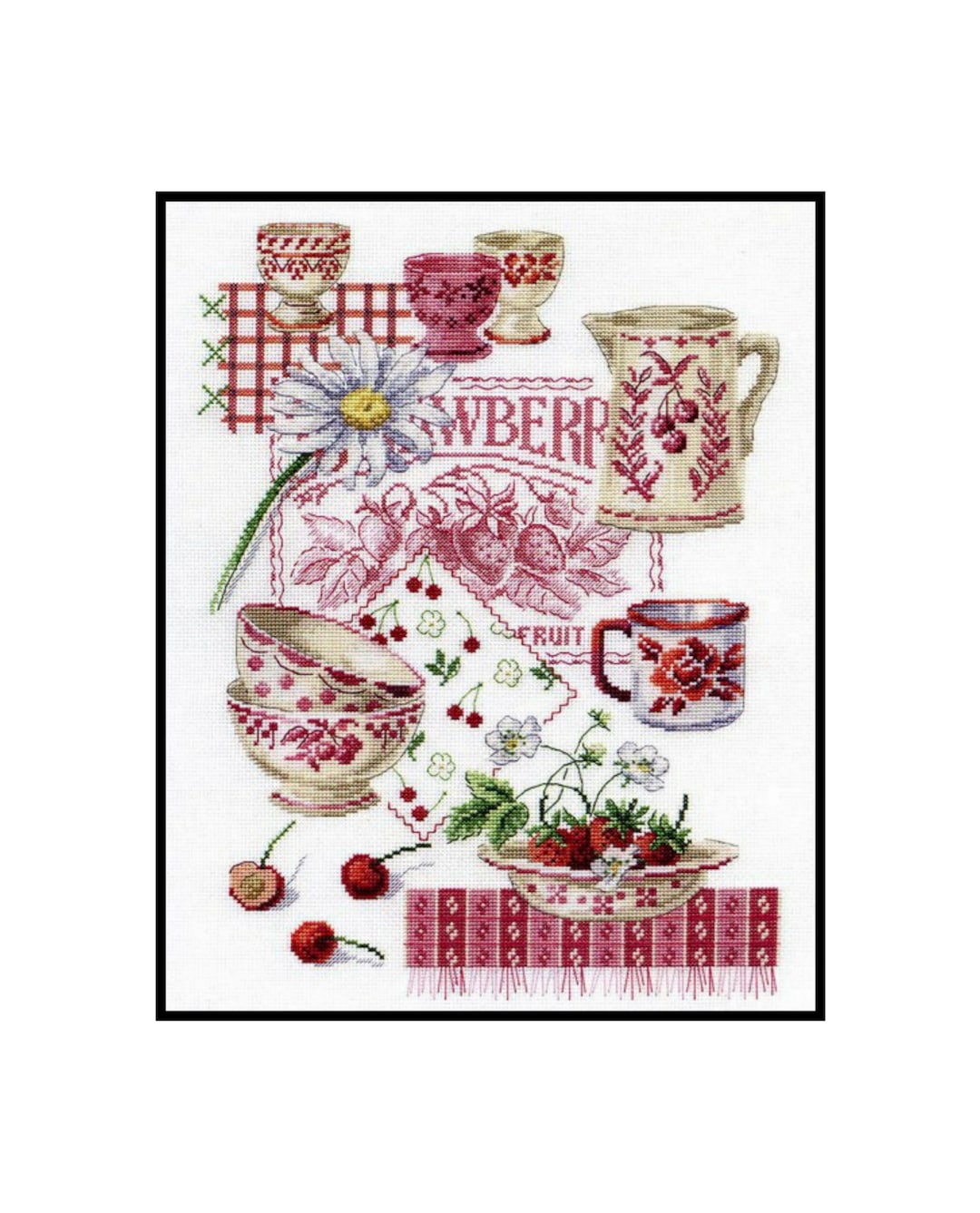Strawberry Fruits Tea Set Kitchen Sampler Counted Cross Stitch Instant ...