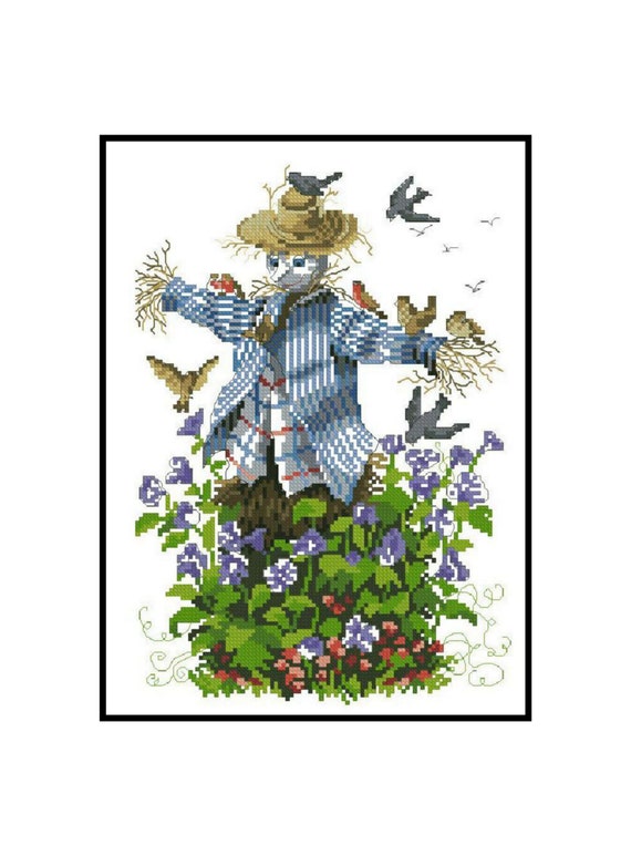 Scarecrow Field Birds Flowers Plants Embroidery Counted Cross - Etsy