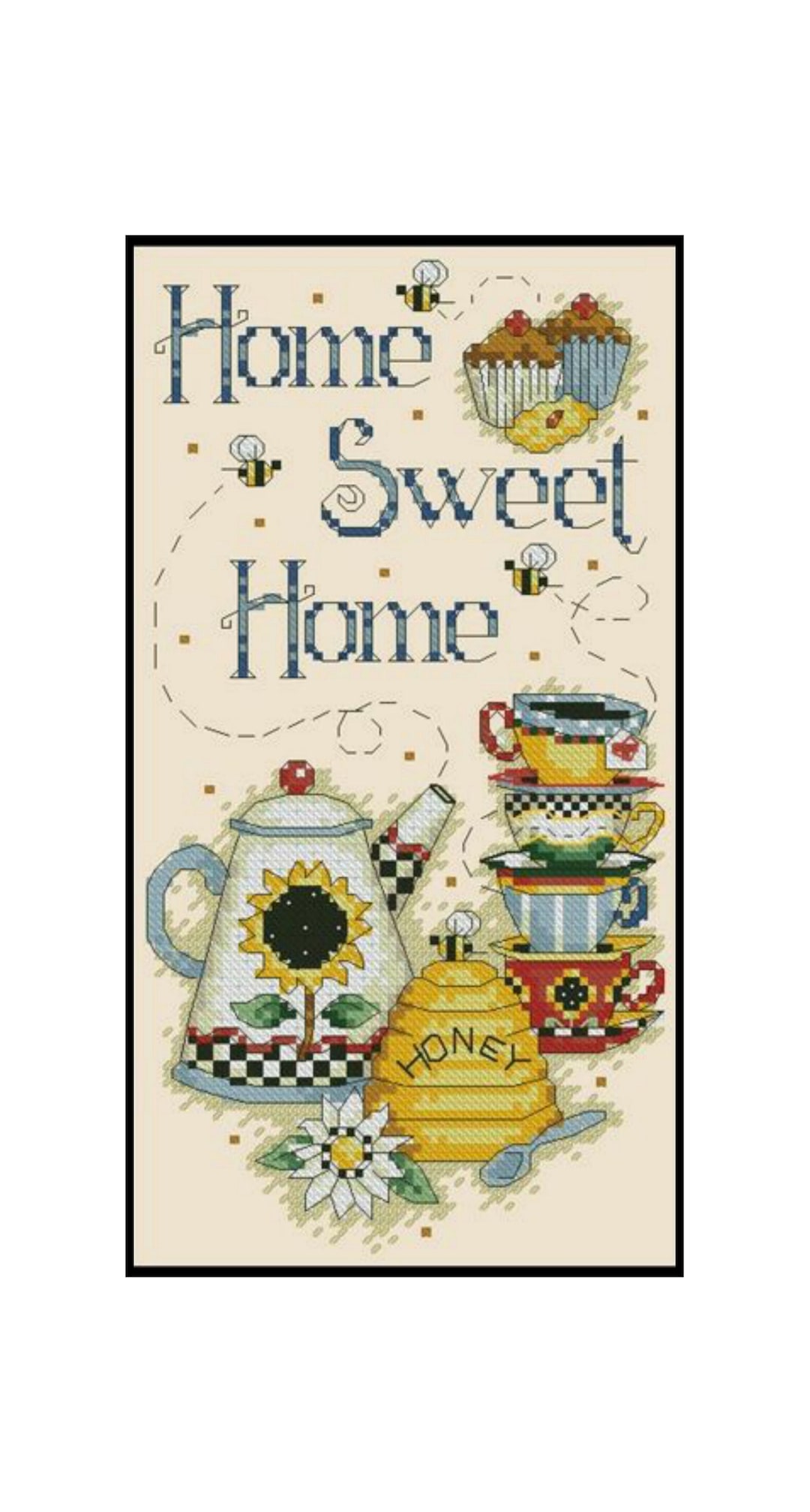 Home Sweet Home Honey Tea Set Cups Kettle Counted Cross Stitch Instant ...