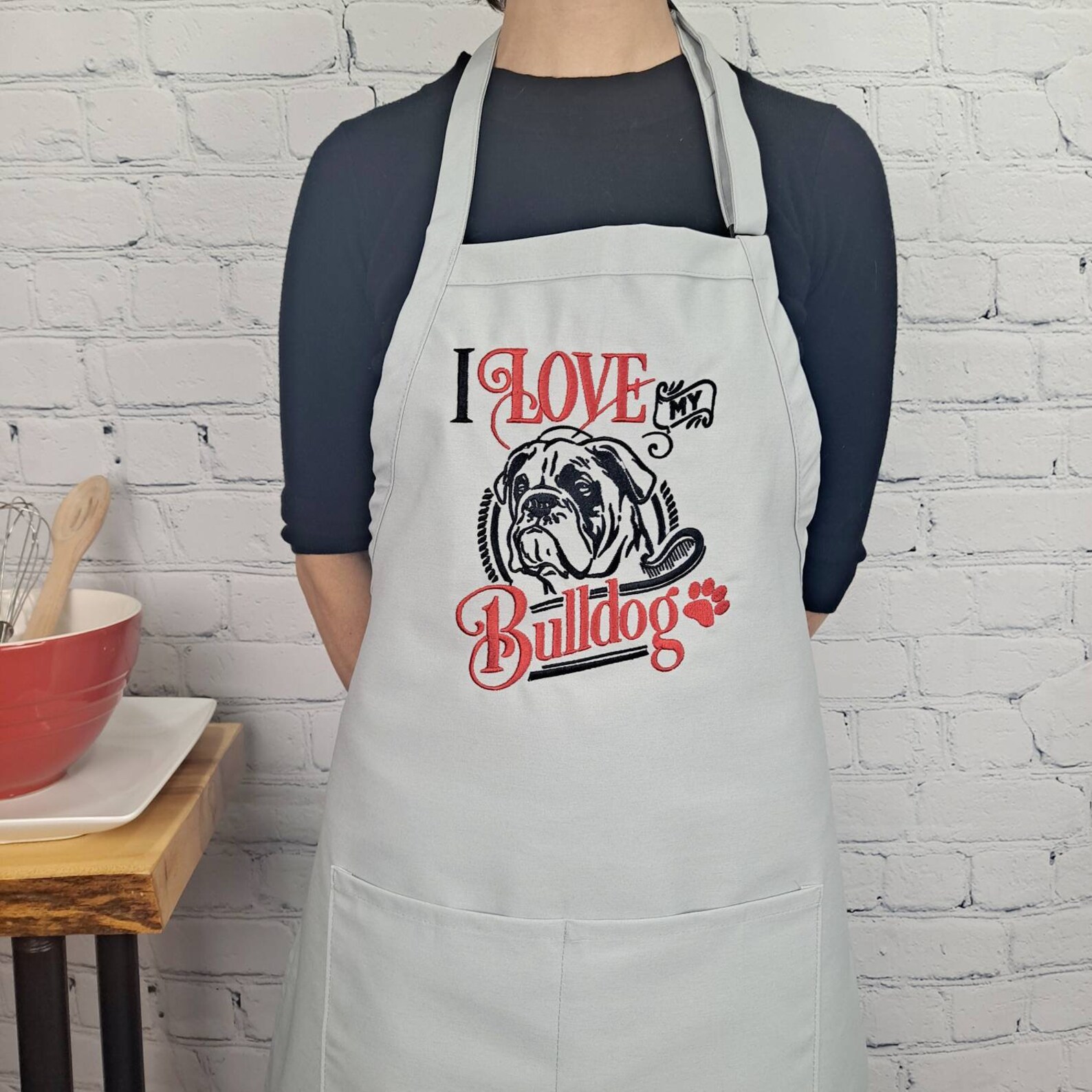 Bulldog Apron Dog Lover Gift Embroidery Kitchen Apron With Pockets - Etsy