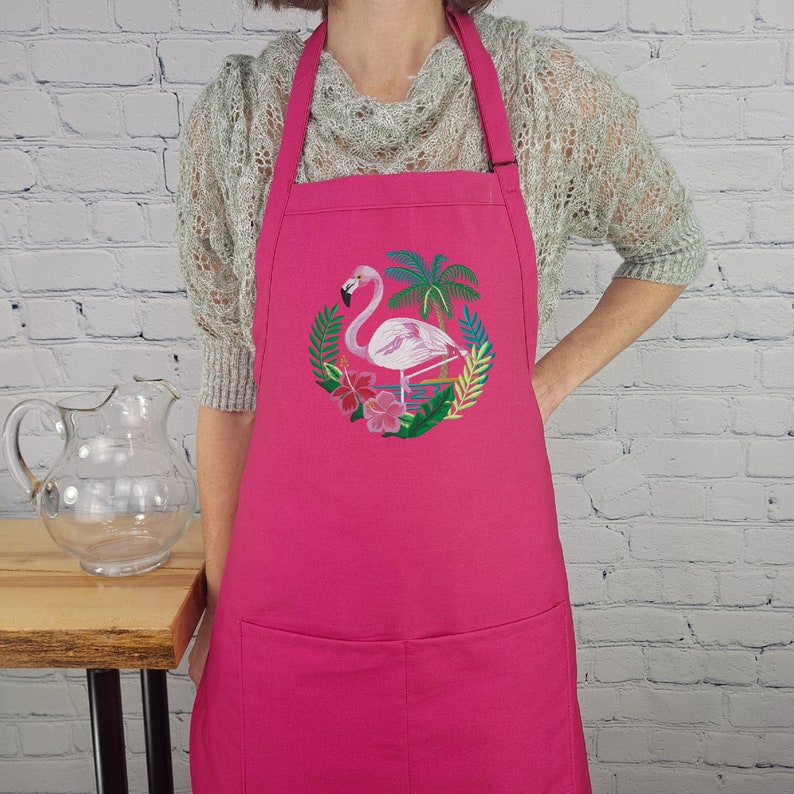 Embroidered Flamingo Apron: Tropical Kitchen Accessory With Pockets - Etsy