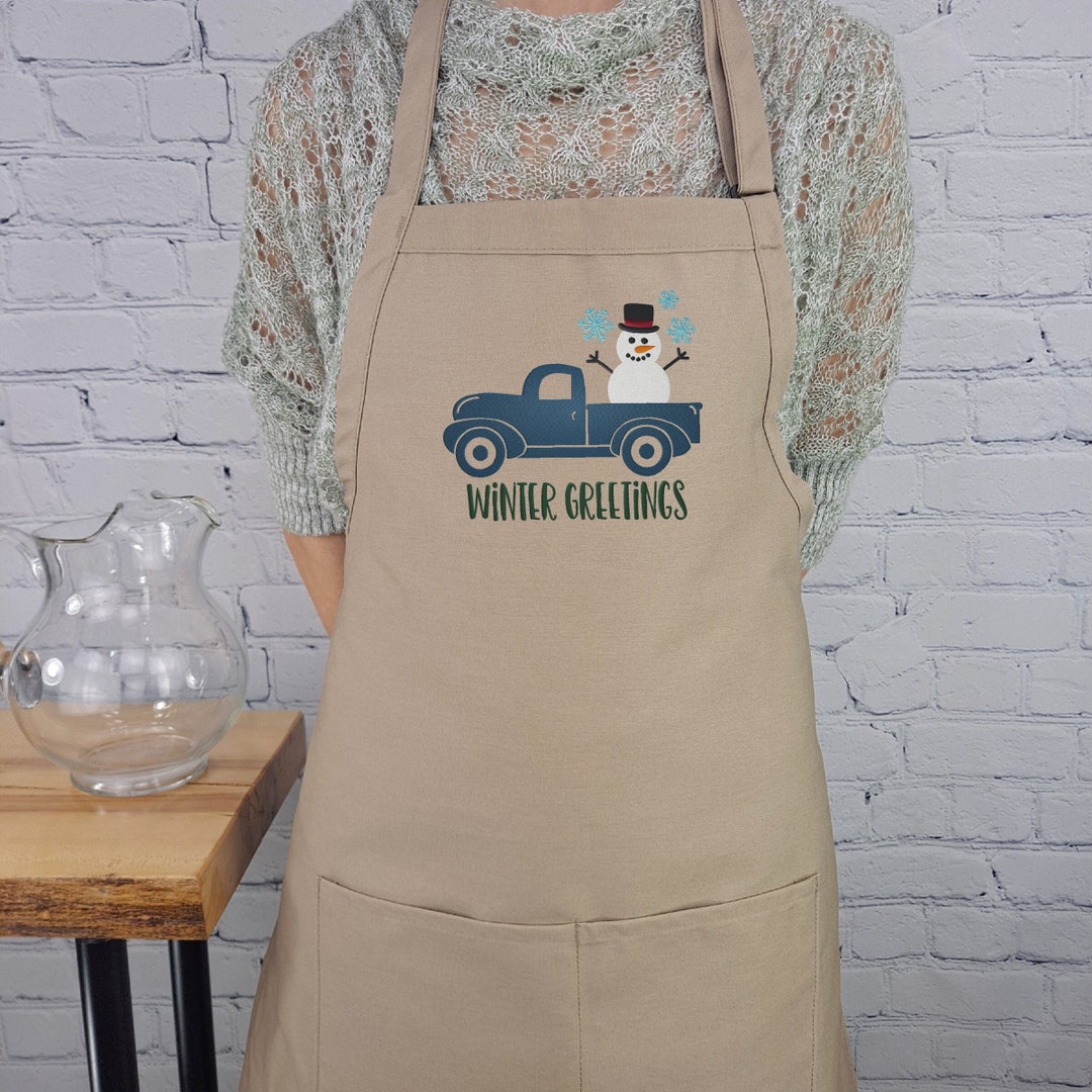 Embroidered Winter Snowman Truck Apron, Holiday Gift With Pockets - Etsy