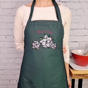 Customizable Magnolia Embroidered Apron Personalize Name Kitchen Apron ...