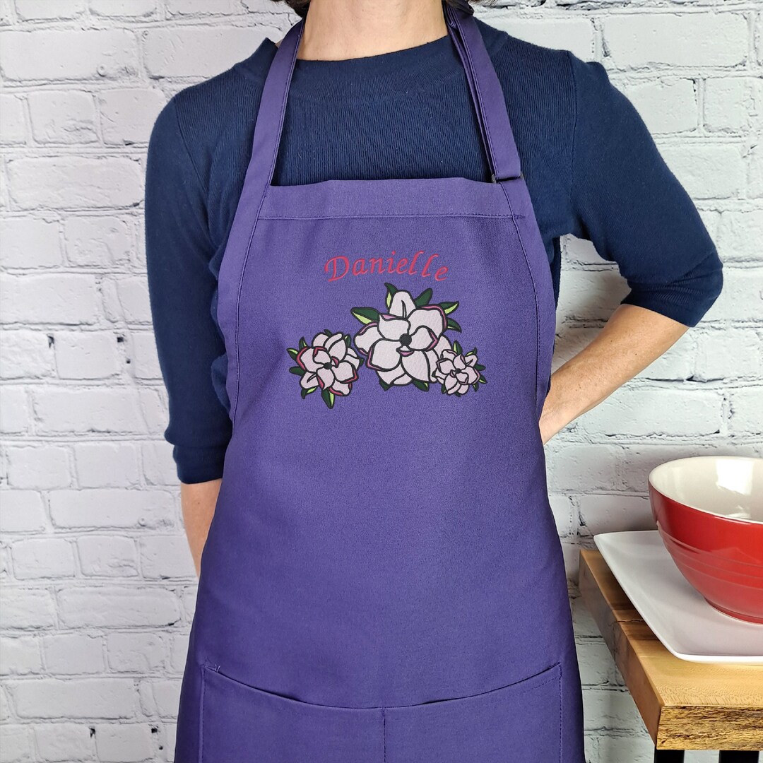 Customizable Magnolia Embroidered Apron Personalize Name Kitchen Apron ...
