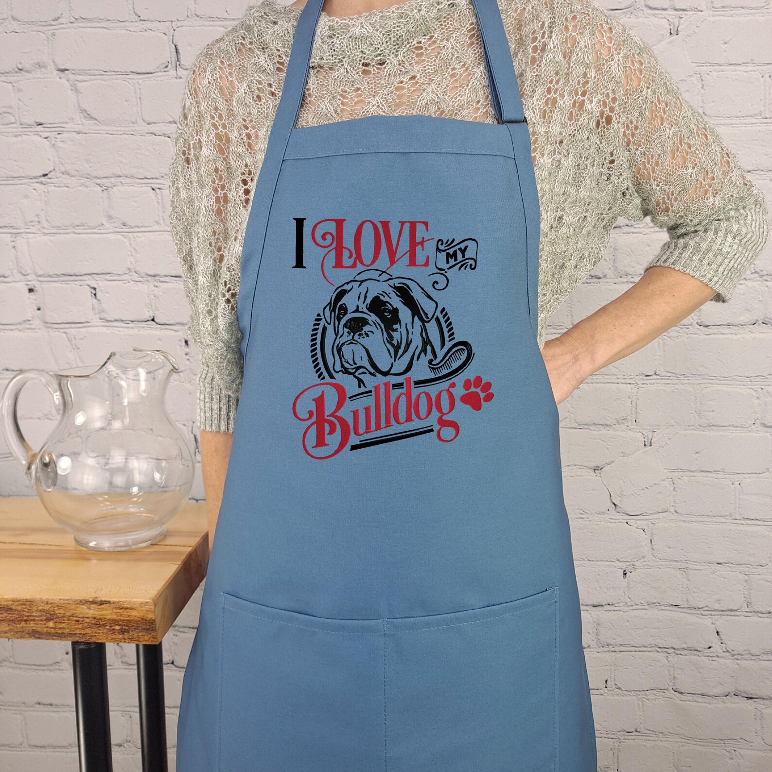 Bulldog Apron Dog Lover Gift Embroidery Kitchen Apron With Pockets - Etsy