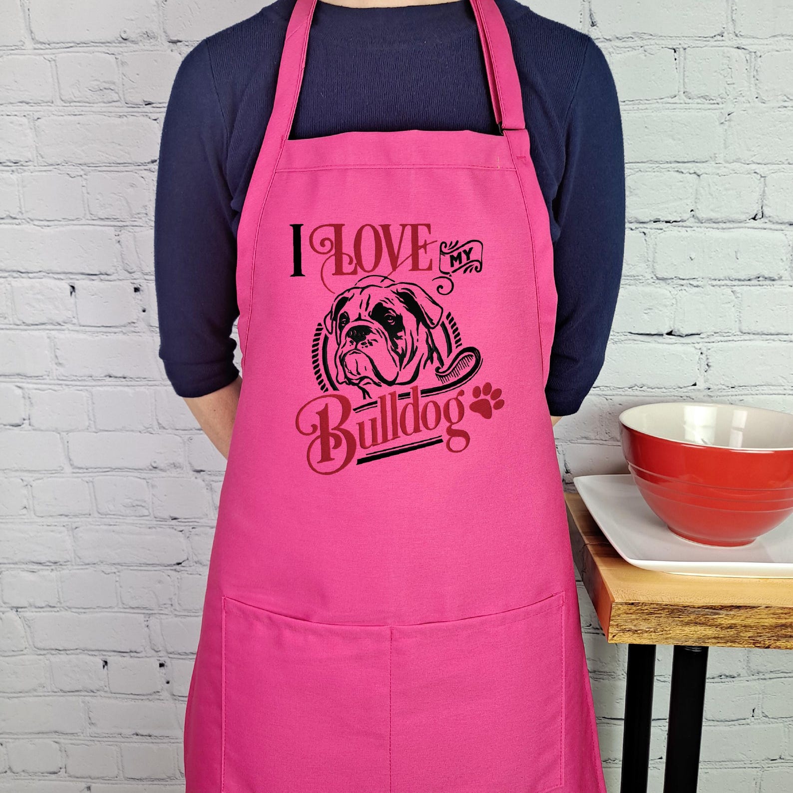 Bulldog Apron Dog Lover Gift Embroidery Kitchen Apron With Pockets - Etsy