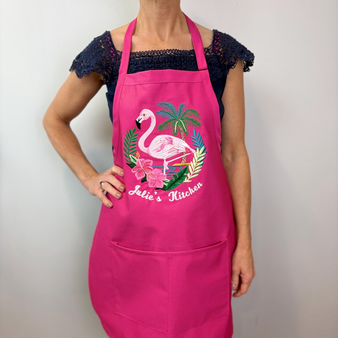 Embroidered Flamingo Apron: Tropical Kitchen Accessory With Pockets - Etsy