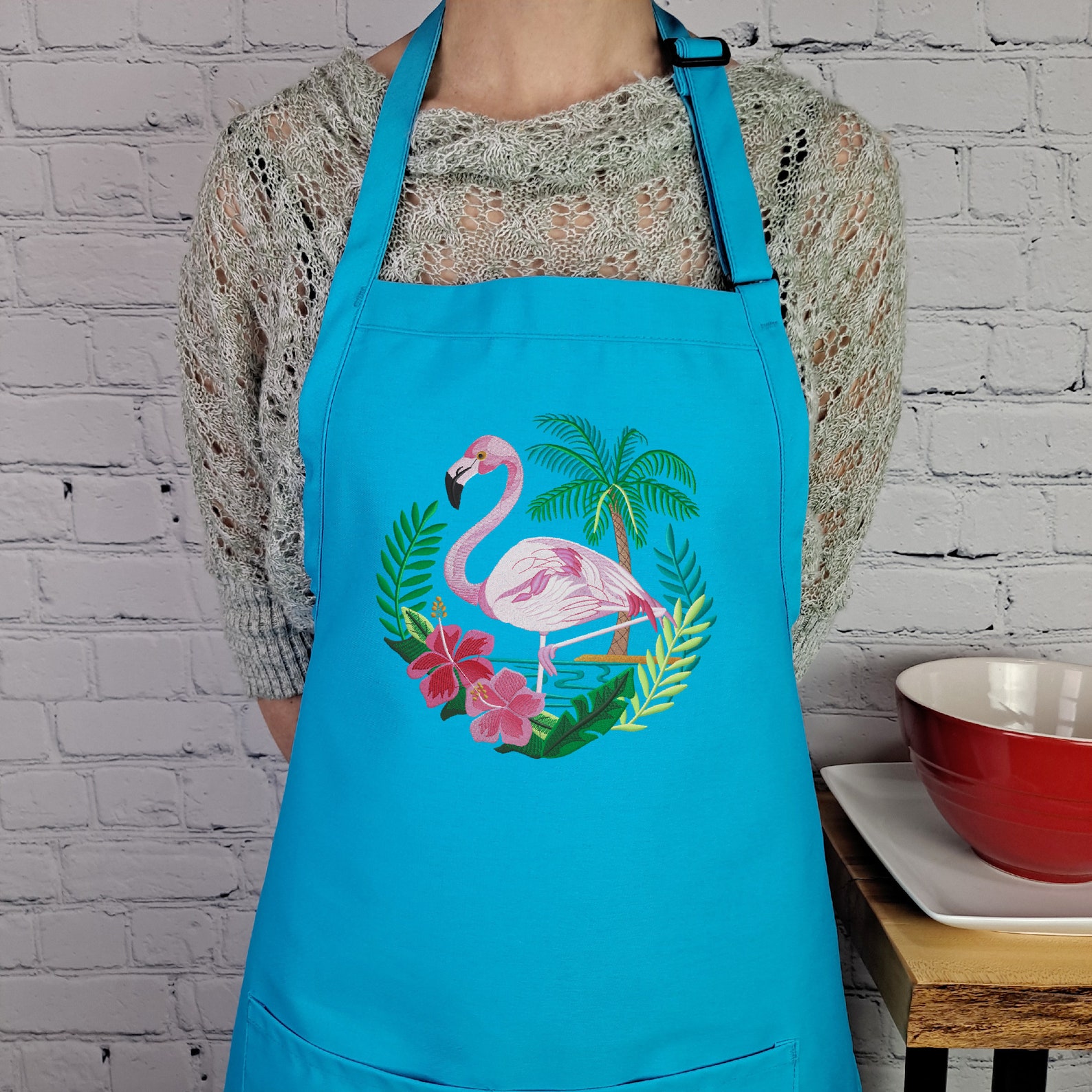 Embroidered Flamingo Apron: Tropical Kitchen Accessory With Pockets - Etsy
