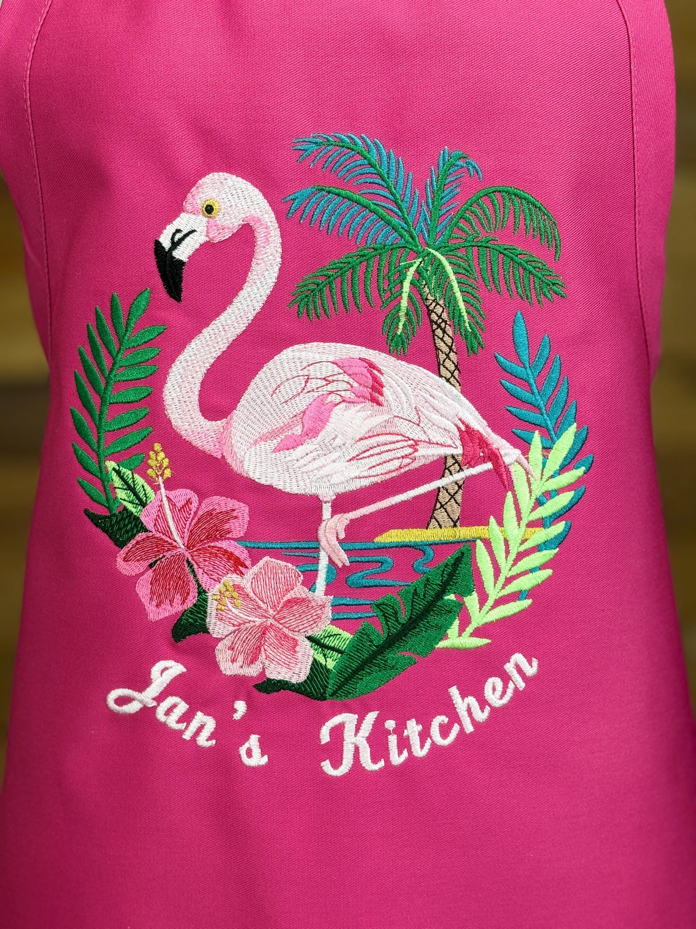 Embroidered Flamingo Apron: Tropical Kitchen Accessory With Pockets - Etsy