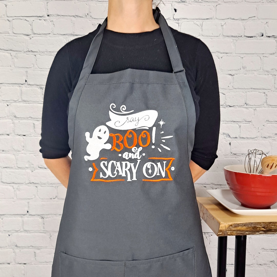 Embroidered Halloween Apron: Say Boo! Ghost Design, Adjustable Neck - Etsy