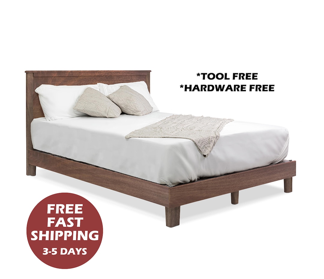 Farmhouse Bed Frame, Solid Hardwood, Tool-free & Hardware-free Assembly ...
