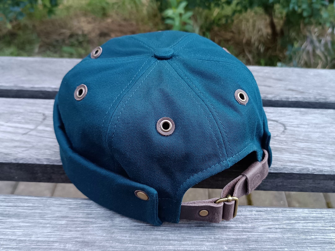 Brimless Docker Hat in Petrol Dark Green Cotton Twill and Dark Brown ...