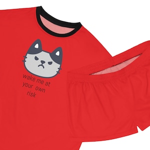 Women's Short PJ Set With Funny Cat Design Red Pajama Shorts Set ...