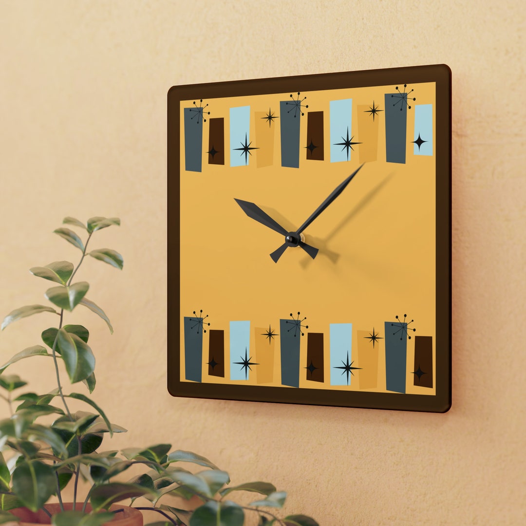 Retro Themed Wall Clock Square Acrylic Hanging Wall Clock Mid Century ...