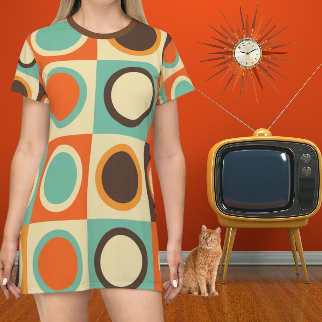 Women's Retro 60's Mod T Shirt Dress With Vintage Colors Geometric ...