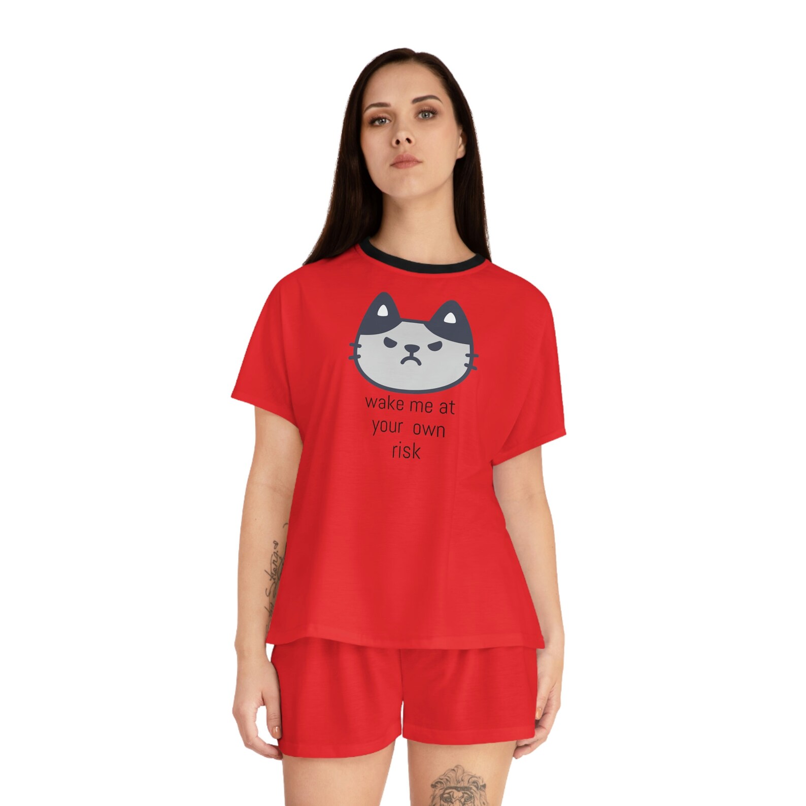 Women's Short PJ Set With Funny Cat Design Red Pajama Shorts Set ...